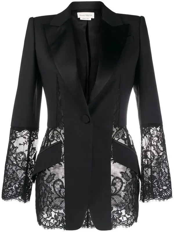Alexander Mcqueen Floral Lace Panel Blazer In Black - 50