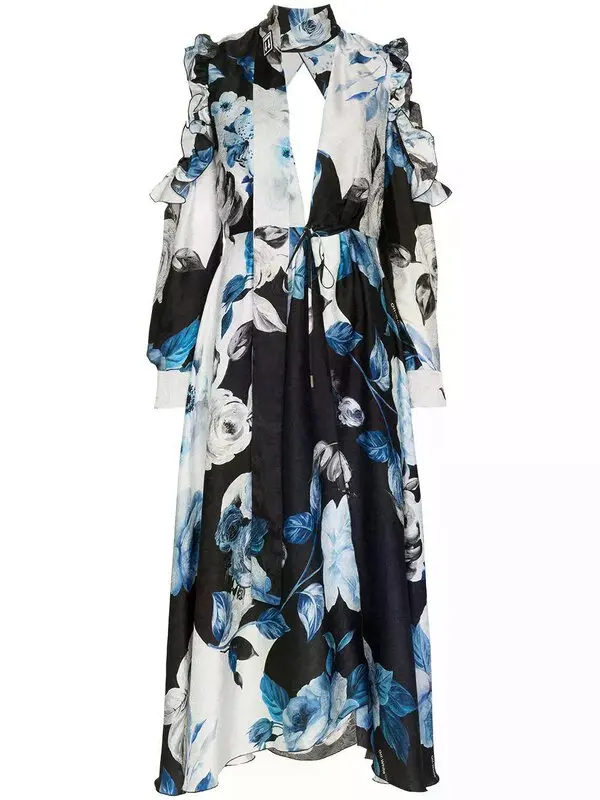 Off-White Floral Flared Silk Midi Dress - Blue