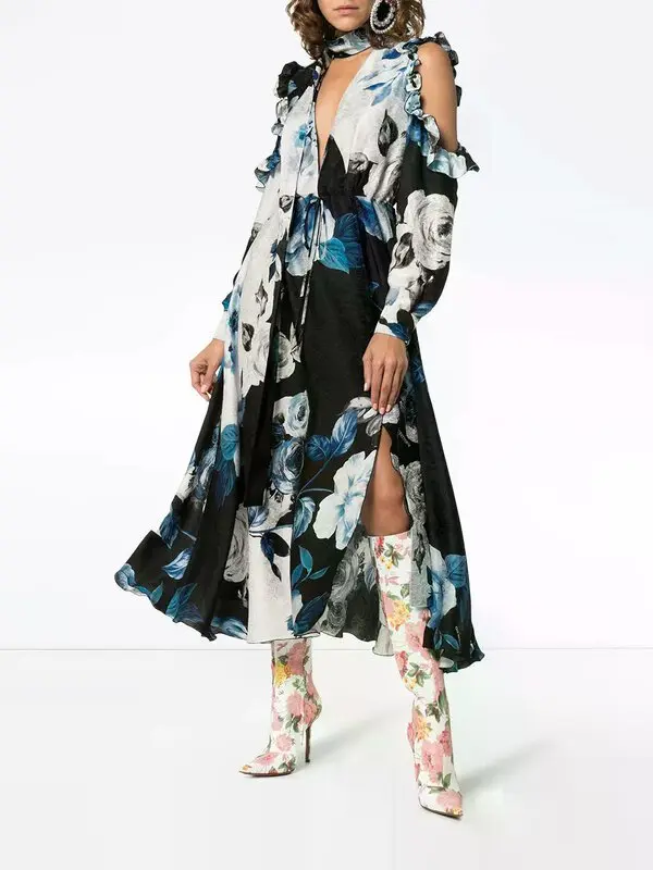Off-White Floral Flared Silk Midi Dress