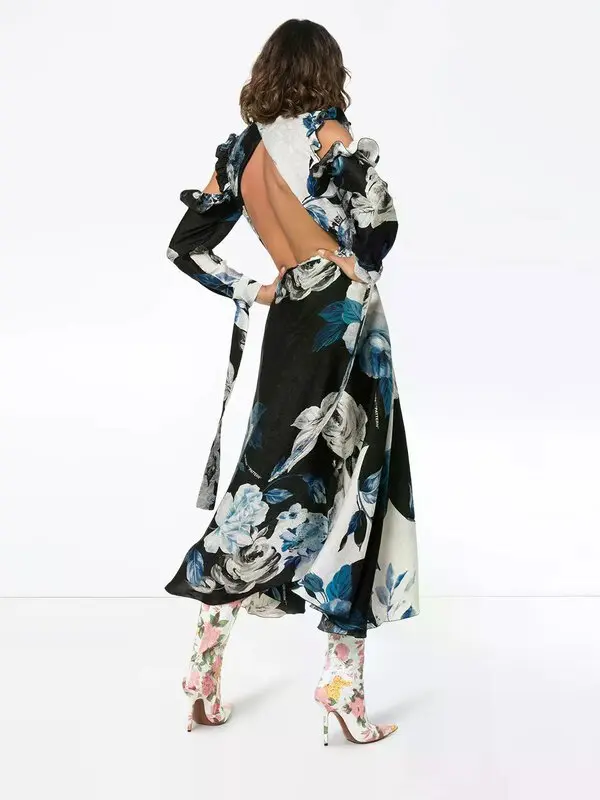 Off-White Floral Flared Silk Midi Dress