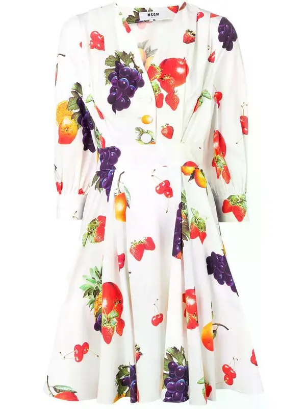 MSGM Fruit Print Cotton Dress - White
