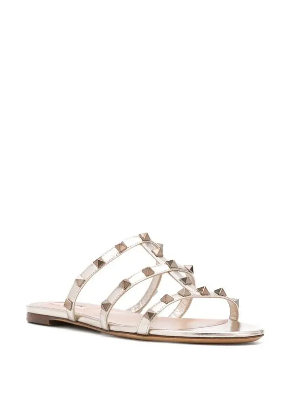 Valentino Garavani Rockstud Flat Metallic Nappa Slide Sandals - Gold