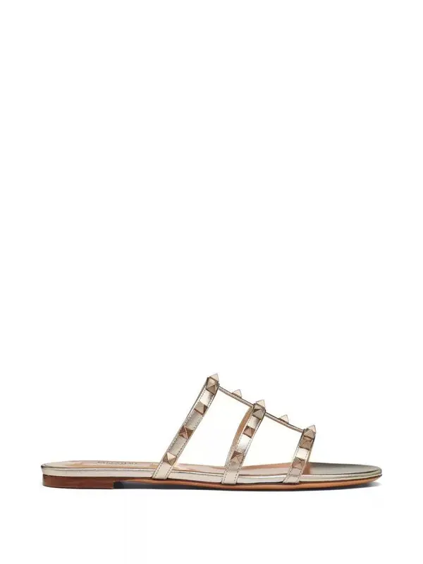 Valentino Garavani Rockstud Flat Metallic Nappa Slide Sandals - Gold