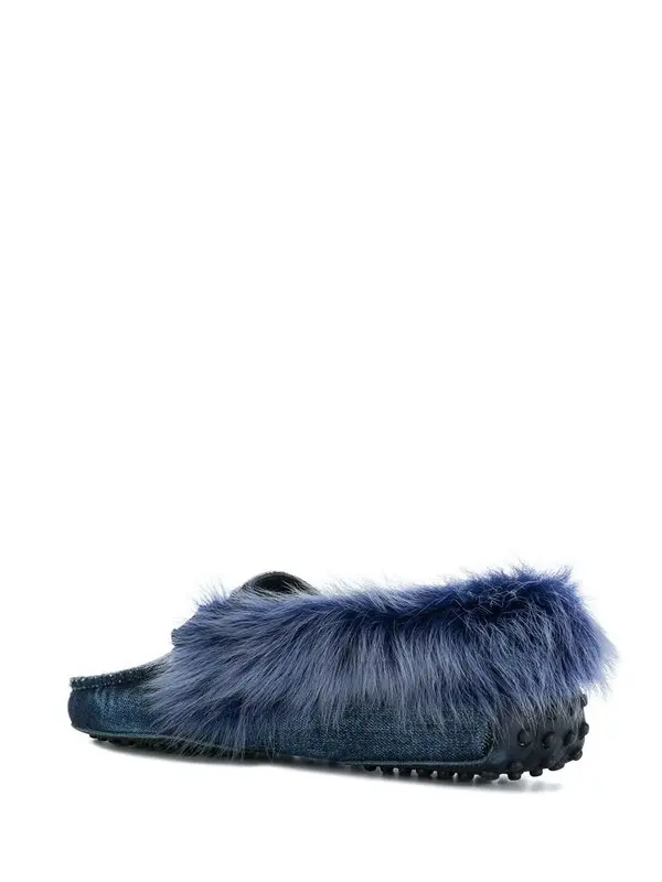 TOD'S Indigo Denim Faux Fur Gommino Loafers