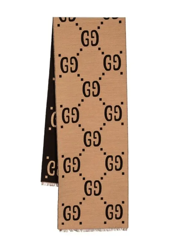 Gucci Gg Jacquard Frayed Scarf - Brown