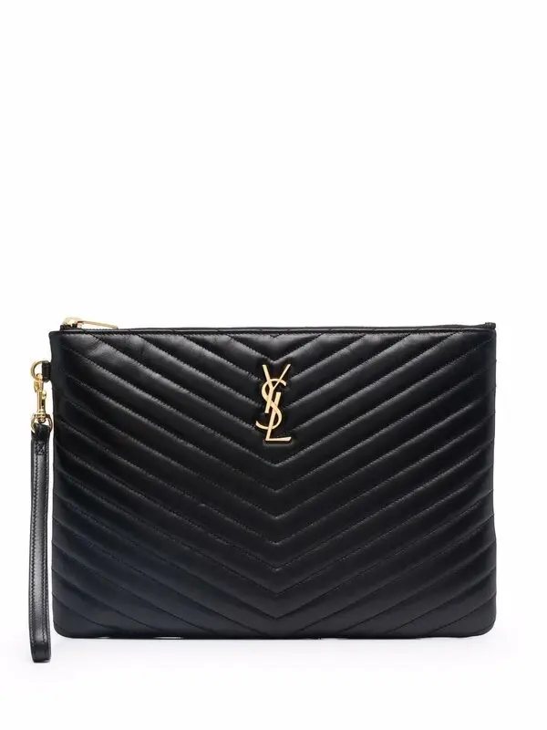 Saint Laurent Quilted Monogram Clutch - Black