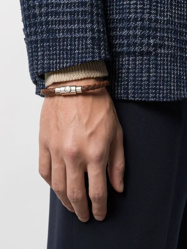 FERRAGAMO Braided Leather Bracelet With Palladium Finish Clasp - Brown