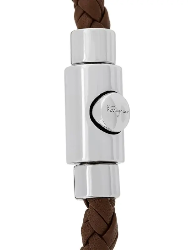 FERRAGAMO Braided Leather Bracelet With Palladium Finish Clasp - Brown