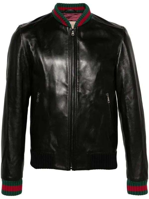 Gucci Web-Detail Leather Jacket - Black | Editorialist
