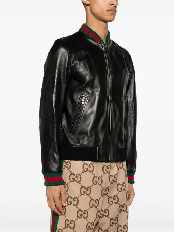 Gucci Web-Detail Leather Jacket Black Editorialist