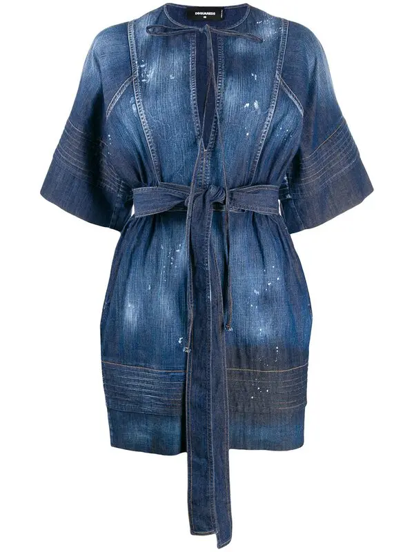 Dsquared2 Denim Dress With V-neck And Belted Waist - Blue