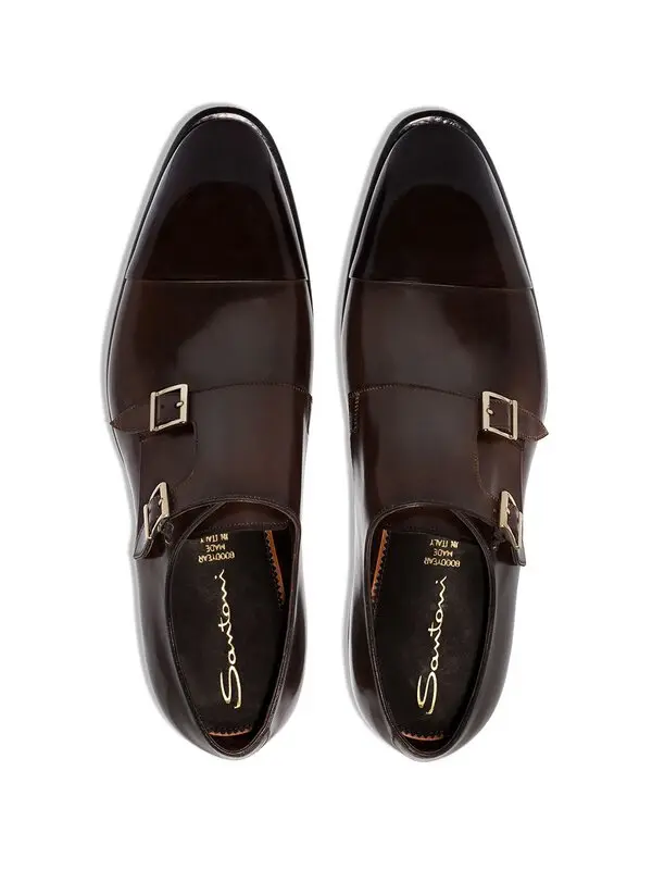 Santoni Double Strap Leather Monk Shoes - Brown