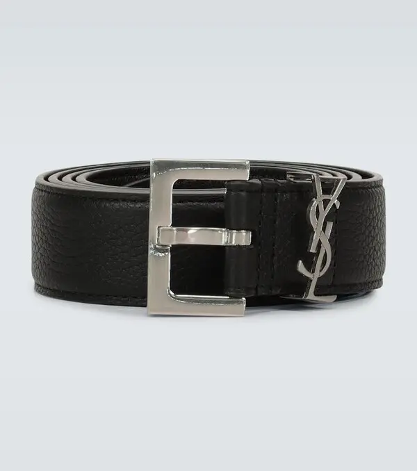 Saint Laurent Slim Grained Leather Belt - Black