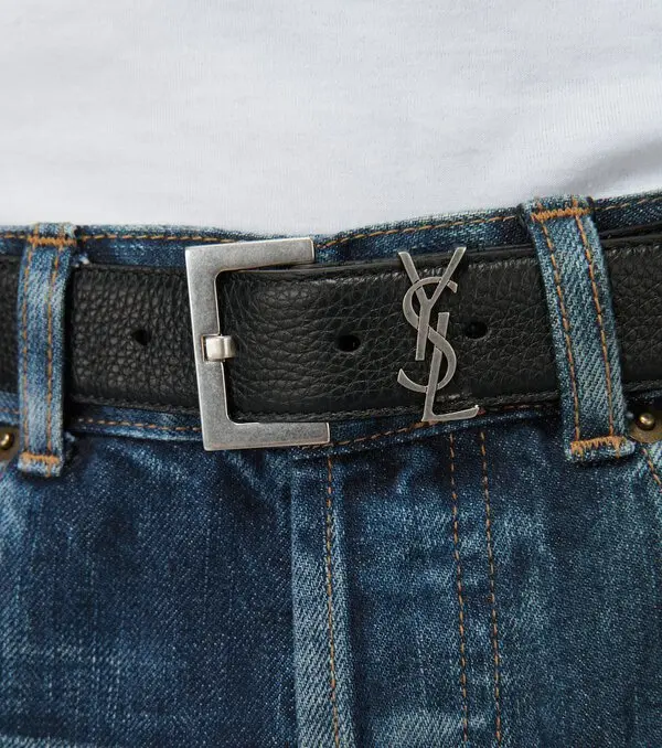 Saint Laurent Slim Grained Leather Belt - Black