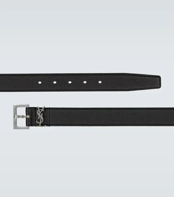 Saint Laurent Slim Grained Leather Belt - Black