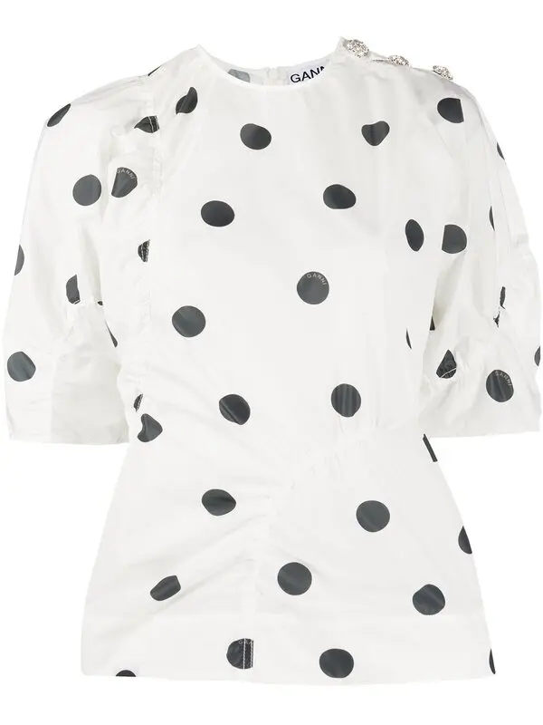 GANNI Polka Dot Gathered Blouse - White