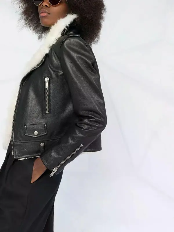 Saint Laurent Shearling Collar Biker Jacket - Black