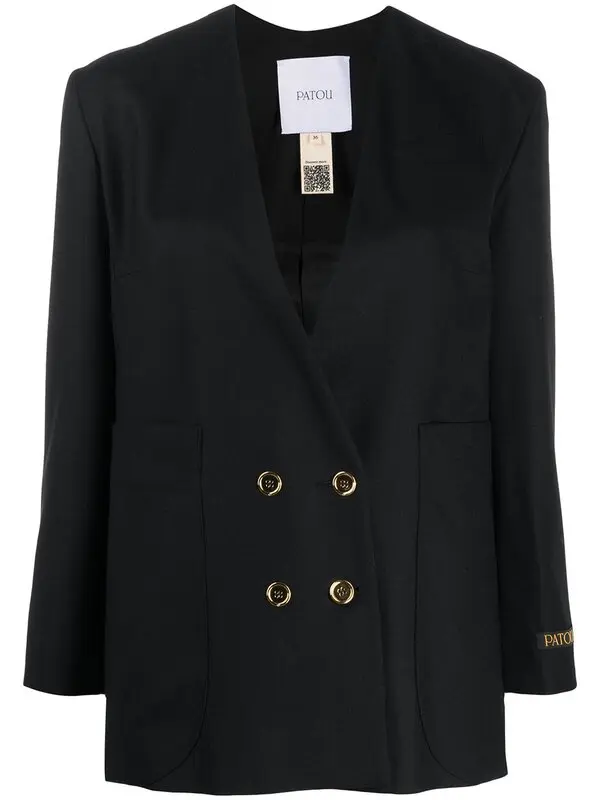 Patou Collarless Double-breasted Blazer - Black