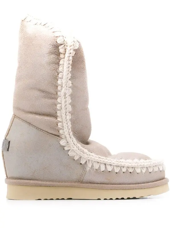 Mou Crochet Stitch-trim Wedge Boots
