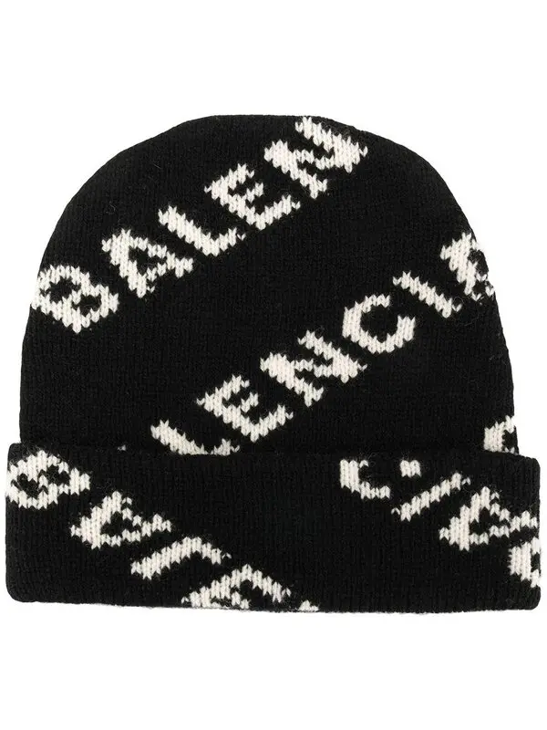 Balenciaga Intarsia-Knit Logo Beanie - Black | Editorialist