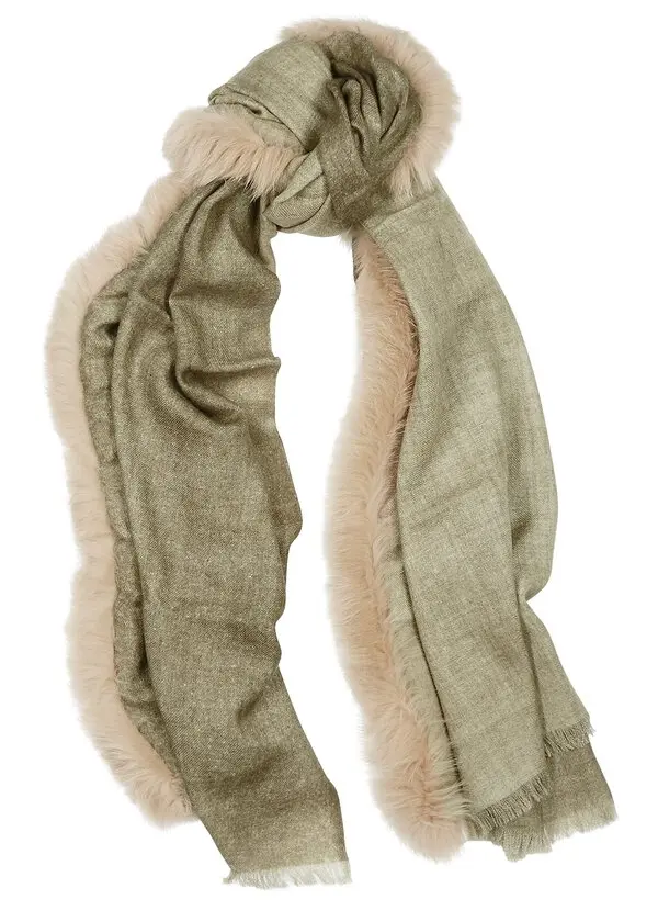 AMA PURE Brown Fur-trimmed Wool Scarf - Olive