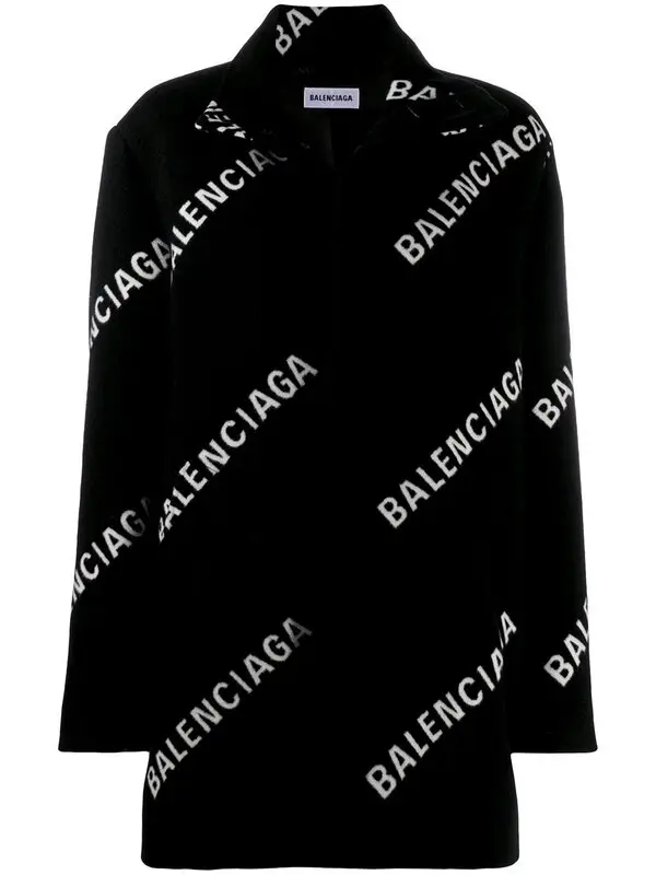 Balenciaga All-Over Logo A-Line Coat - Black | Editorialist