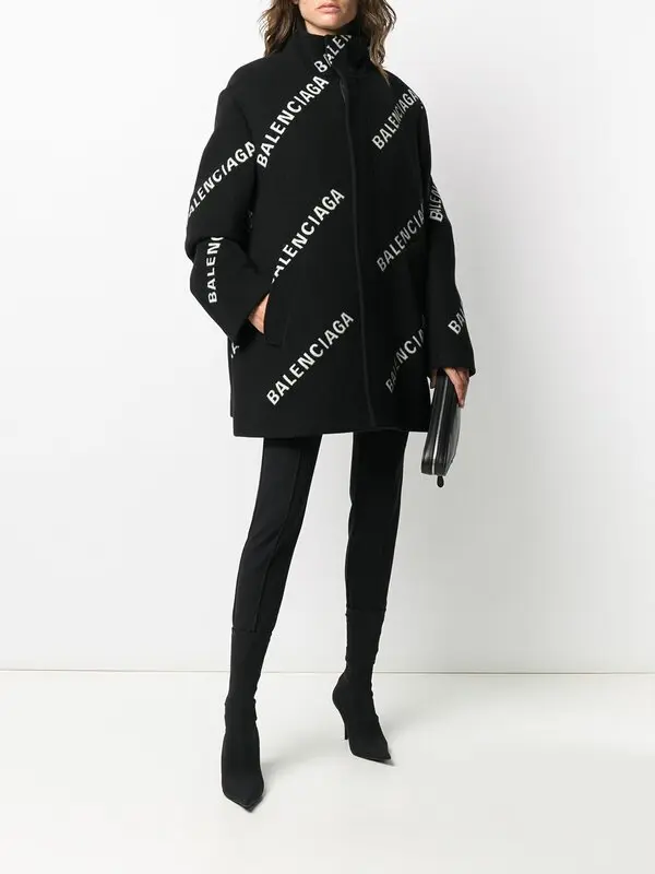 Balenciaga All-Over Logo A-Line Coat - Black | Editorialist