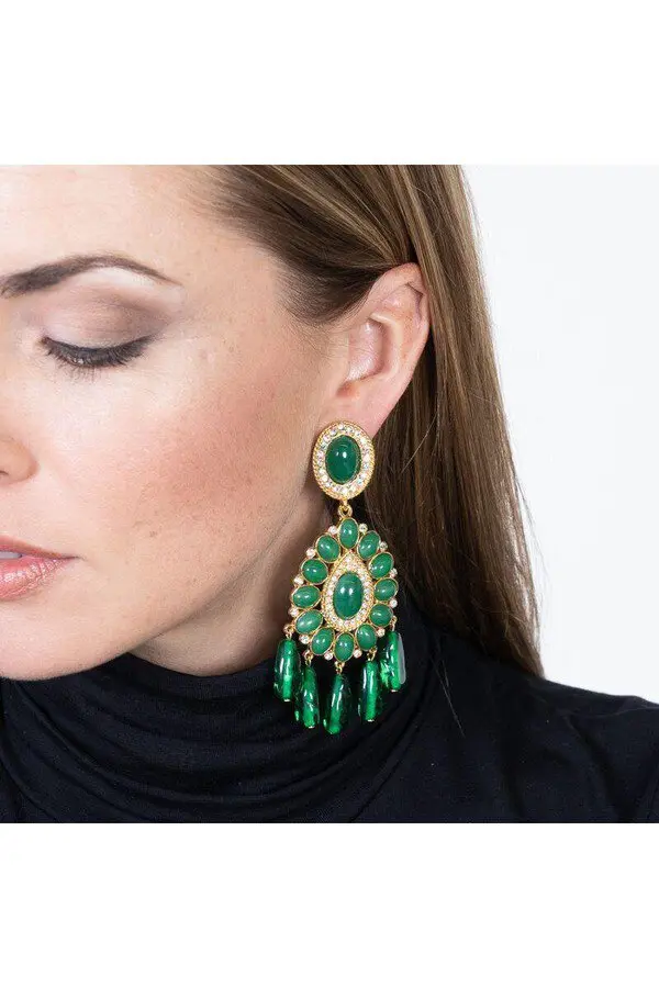 KENNETH JAY LANE Tone & Emerald Drop Clip Earrings - Gold