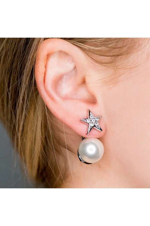 KENNETH JAY LANE Crystal Star Faux Pearl Drop Earrings - Silver