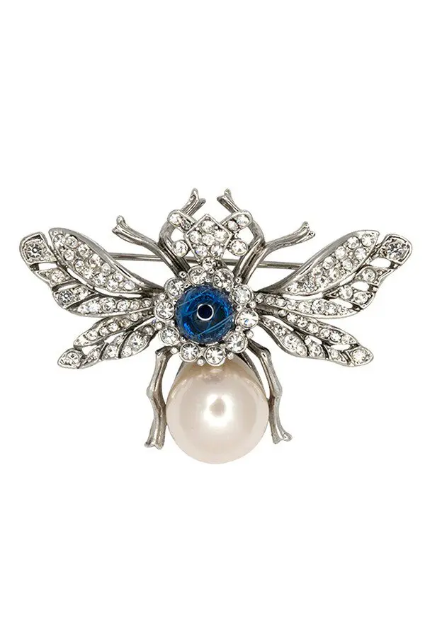 KENNETH JAY LANE Antique & Crystal Bee Pin - Silver