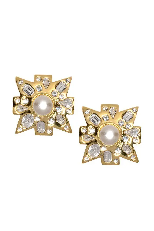 KENNETH JAY LANE Crystal And Pearl Maltese Cross Clip Earrings - Gold