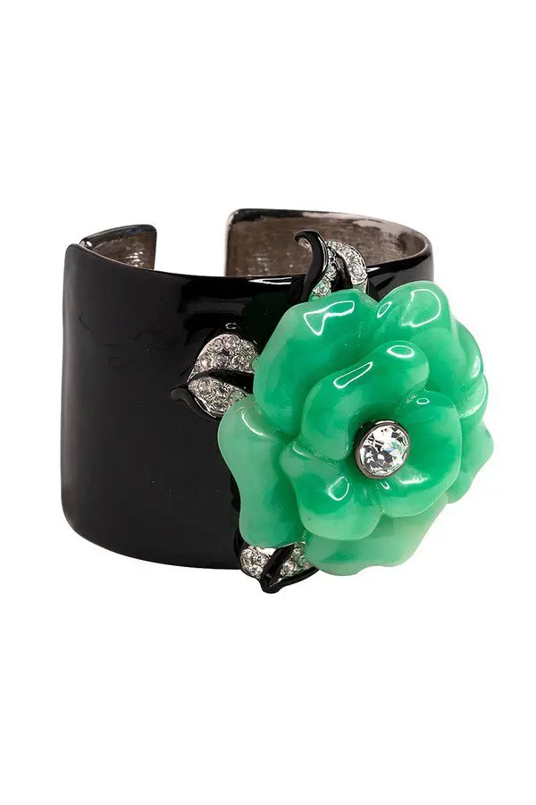 KENNETH JAY LANE Enamel Cuff With Jade Flower - Black