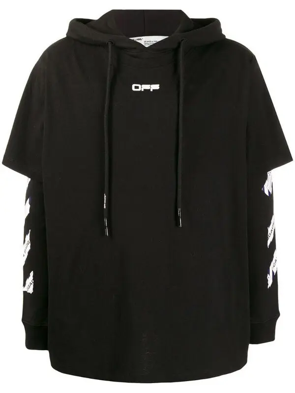 トップス OFF-WHITE AIRPORT TAPE DOUBLE TEE HOODIE Off-White Black Airport Tape Double-Layer Hoodie Off-White