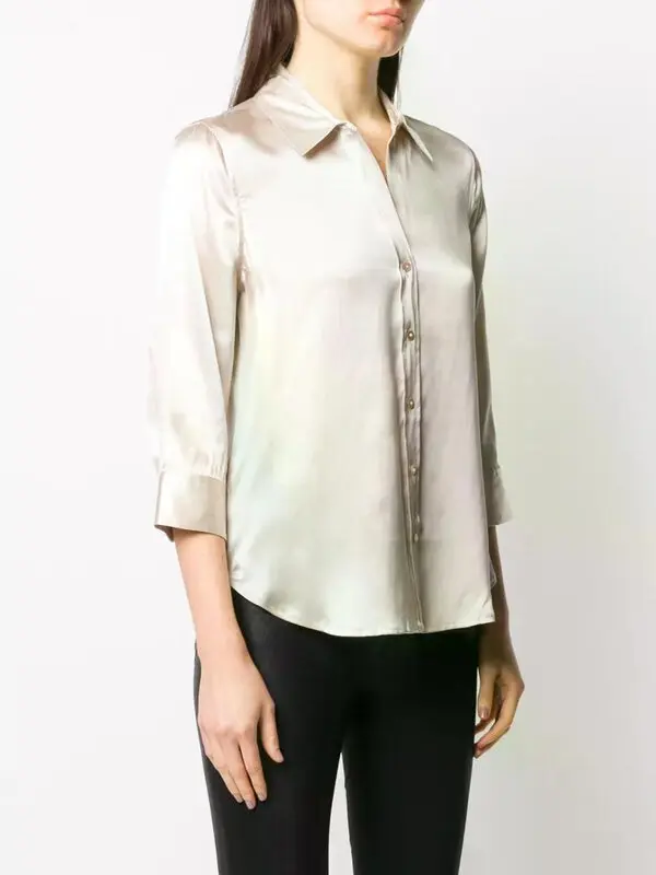 L'Agence Champagne Silk Button-up Shirt With Three-quarter Length Sleeves