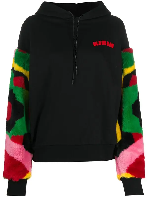Kirin Contrast Panel Faux Fur Hoodie - Black