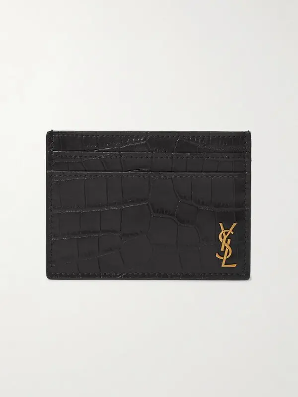 Saint Laurent Logo-appliquéd Croc-effect Leather Cardholder - Black