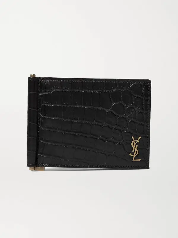 Saint Laurent Logo-appliquéd Croc-effect Leather Billfold Wallet With Money Clip - Black