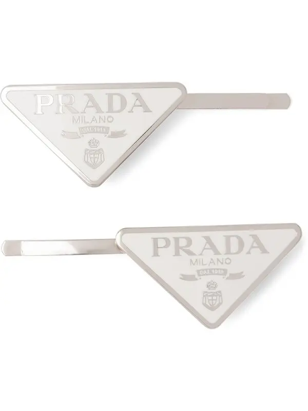 Prada Triangle Logo Hair Clips - White
