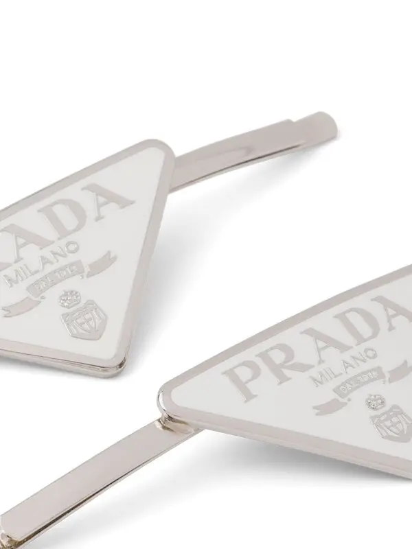 Prada Triangle Logo Hair Clips - White