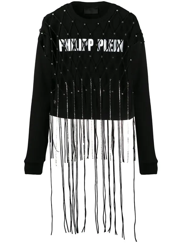 Philipp Plein Crystal-net Fringe Crop Top - Black