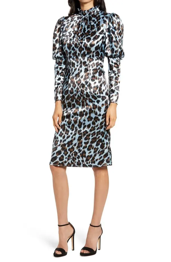 knee length dresses for ladies Chi Chi Long Sleeve Plunge Twist Detail Midi Dress in Blue, Size 6 main image 1