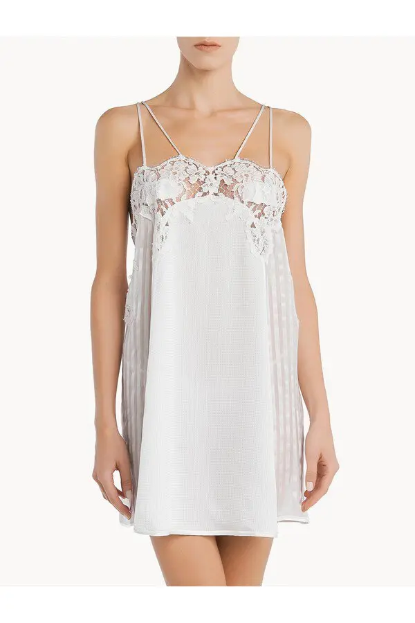 leavers lace dress Short Silk Slip Dress in Ivory with Coral Leavers Lace S