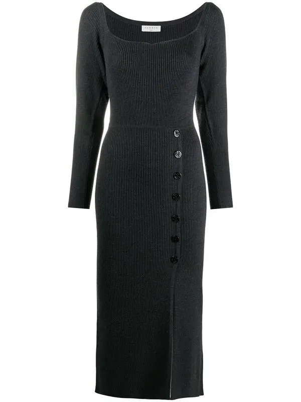 Sandro Buttoned Ribbed Knit Dress