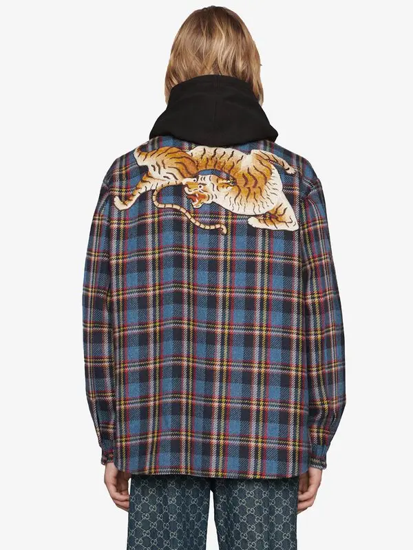 Gucci Tiger Patch Checked Shirt Jacket Blue Editorialist