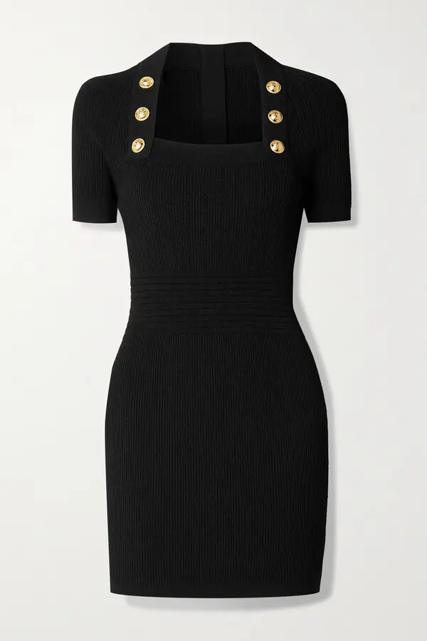Balmain Button-Embellished Ribbed-Knit Mini Dress - Black | Editorialist