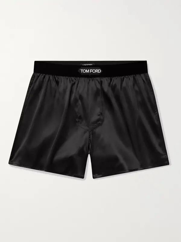 TOM FORD Velvet-trimmed Stretch-silk Satin Boxer Shorts - Black