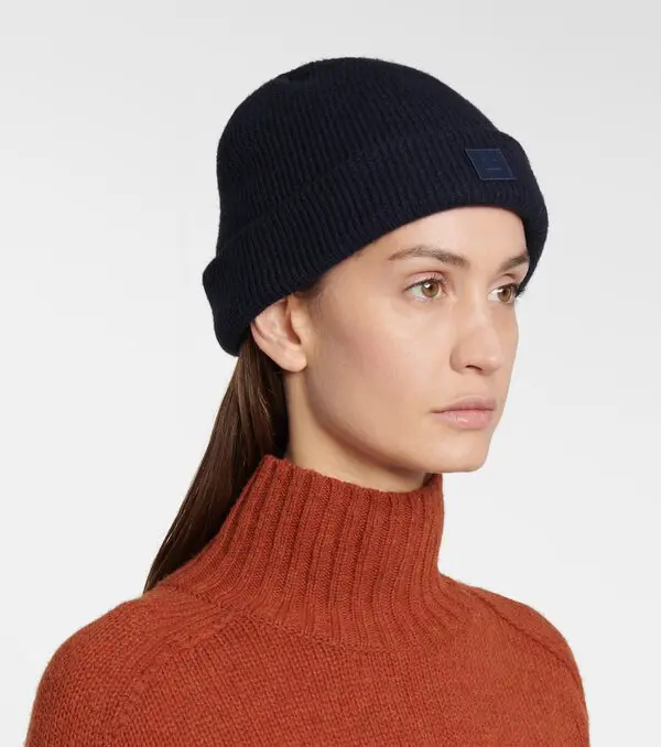Acne Studios Cobalt Ribbed Knit Beanie Acne Studios - Large face logo beanie - Yak - Navy melange main image 4