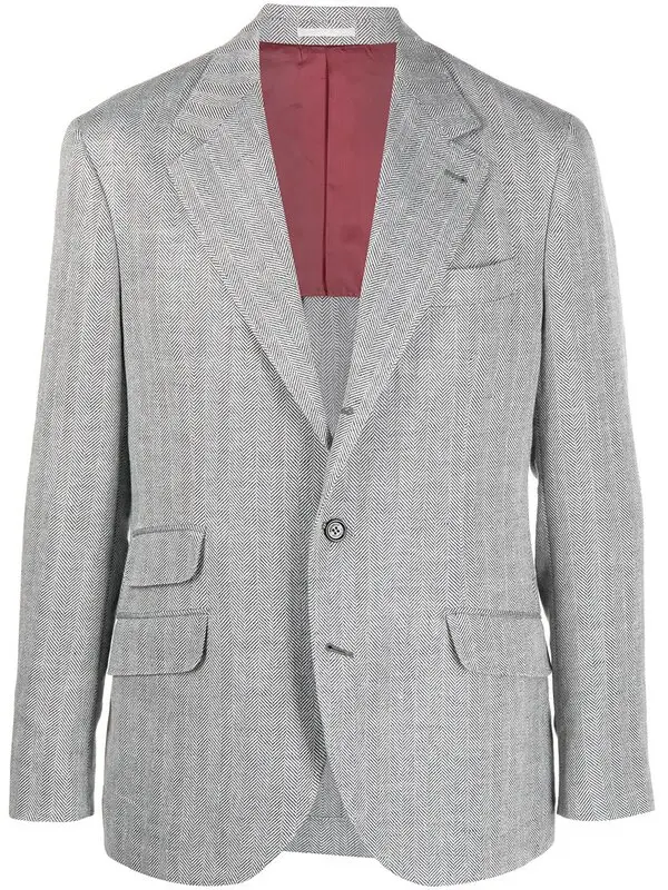Brunello Cucinelli Single Breasted Herringbone Blazer - White
