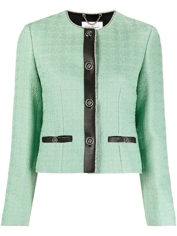 FERRAGAMO Leather-trim Tweed Jacket - Green