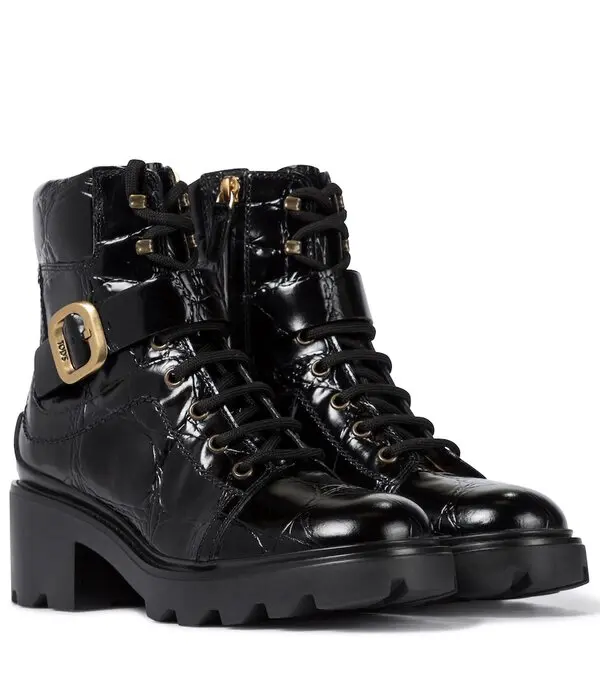 TOD'S Croc-effect Leather Ankle Boots